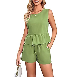 Bozanly Women's Summer 2 Piece Outfits Sleeveless Ruffle Crop Tank Top High Waist Wide Leg Shorts Sets(0680-Green-XL)