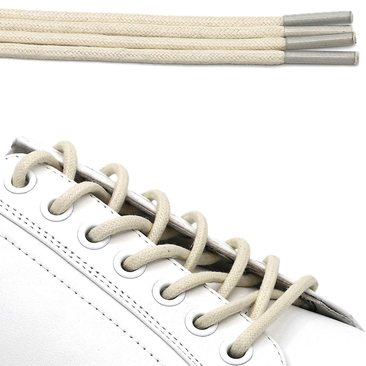 DELELE Round Cotton Waxed Shoelaces: 7/50 Inches Beige Dress Shoe Laces for Boot 2 Pair 35 inch