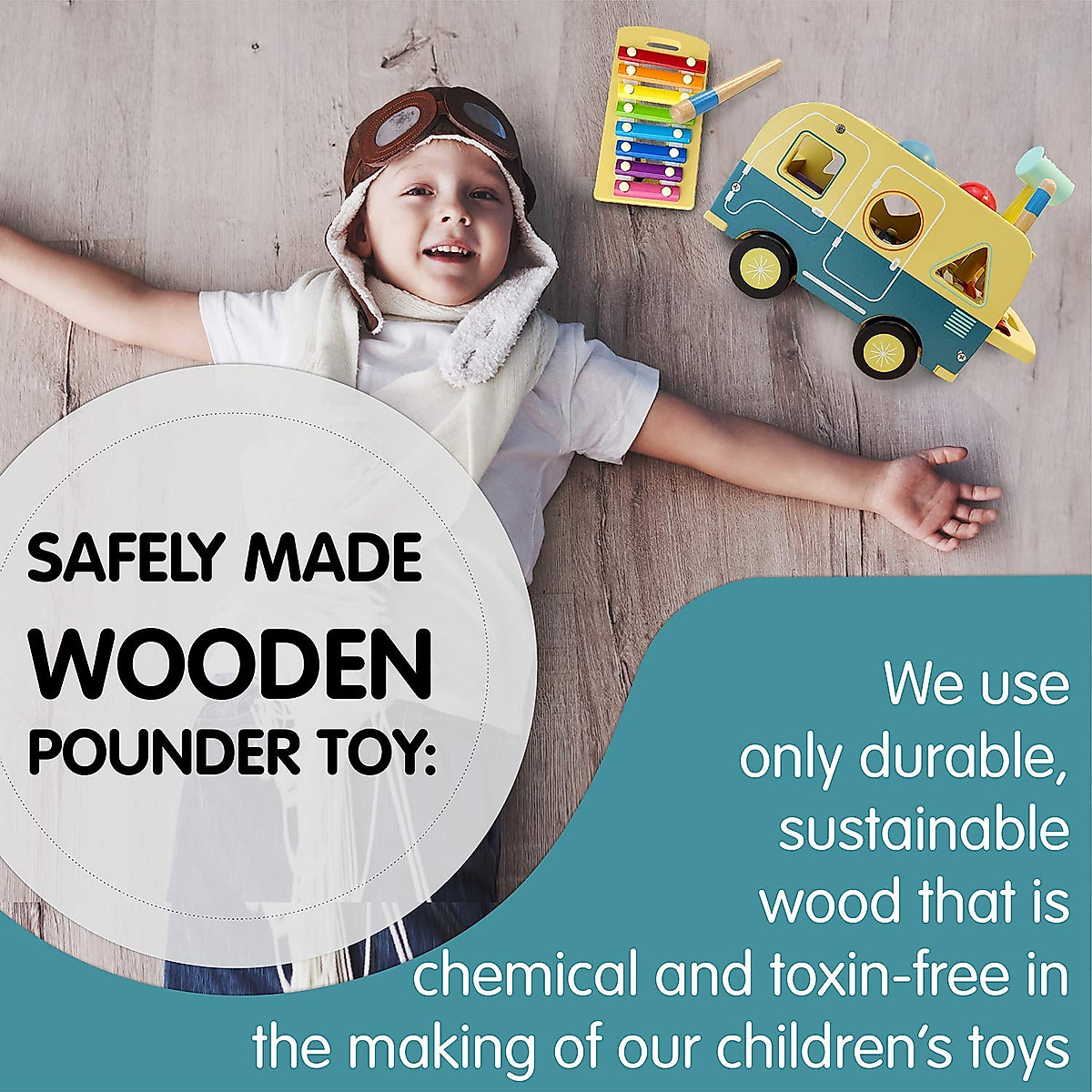 Leo & Friends School Bus Pound and Tap Bus Bench - Wooden Toy Bus with Slide Out Xylophone, Durable Musical Pounding Toy, 8 Colorful Blocks, 1 Hammer, and 1 Rainbow Xylophone, Perfect Educational Gift