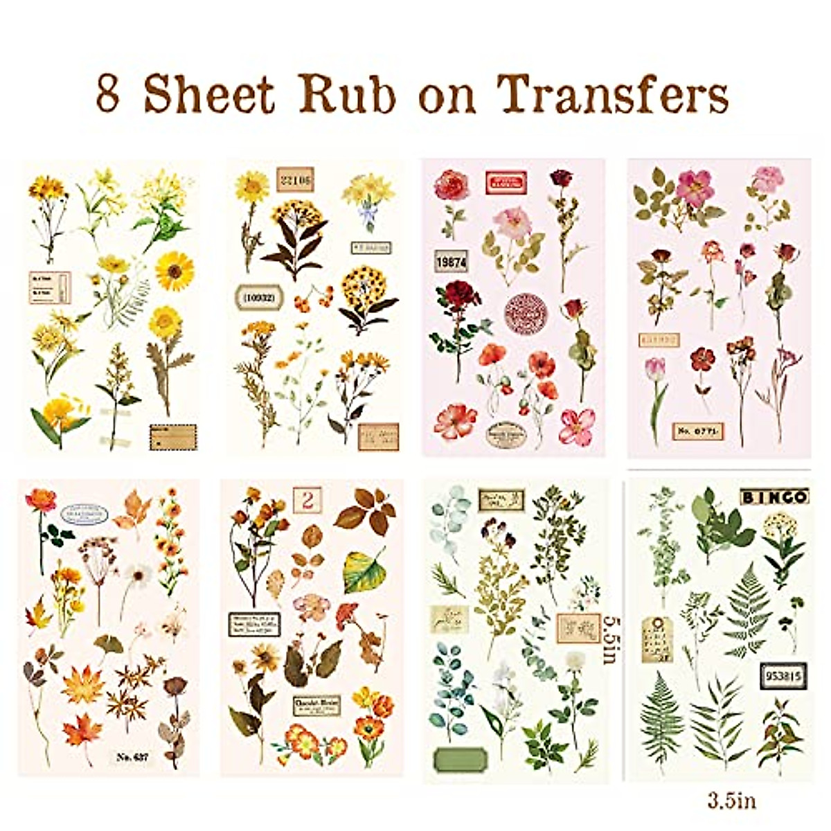 Vintage Rub on Transfers Stickers, 4 Pack Transfer Stickers Flowers Scrapbooking Stickers for Paper, Fabric, Mugs, Junk Journals, Bullet Journals, Scrapbooking Materials, Planners, Wedding Scrapbook