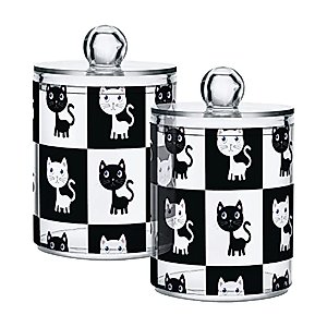 Cat Black White Cotton Swab Holder Bathroom Containers Jars with Lids Set Cotton Ball Pad Round Holder Jar for Cotton Swab Ball Rounds Makeup Sponges Bathroom Organizer Storage, 2 Pack
