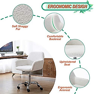 Goujxcy Faux Fur Vanity Chair, Elegant White Fluffy Vanity Chair for Girls Women, Modern Furry Upholstered Home Office Desk Chair Armchair for Living Room, Office, Bedroom, Dressing Room