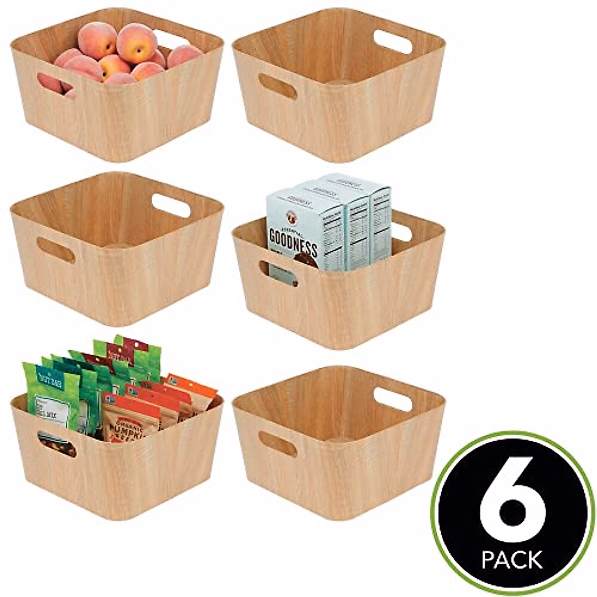 mDesign Wood Grain Paperboard Food Storage Container Bin Basket with Handles for Pantry - Organization Containers for Assorted Fruit, Vegetable, and Produce - 6 Pack - Natural/Tan