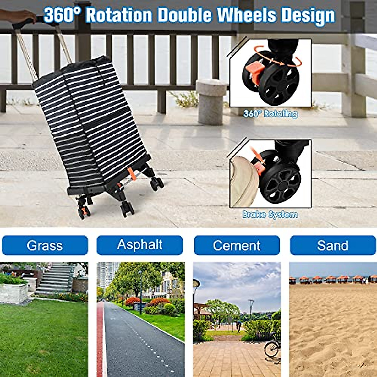 Folding Hand Truck Portable Dolly Utility Cart Rolling Crate with 4 Rotate Wheels 80KG/176Lbs Heavy Duty Handcart Removable Bag Telescoping Handle for Moving Shopping Grocery Office Use(Black&White)