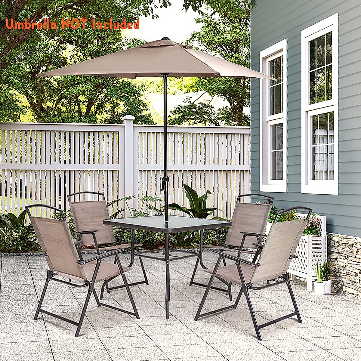 Crestlive Products 5 Piece Patio Dining Set with 4 Folding Chairs and Table Outdoor Dining Furniture with Square Glass Tabletop, Umbrella Hole for Bistro, Garden, Backyard, Deck (Beige)