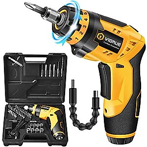 VIGRUE Cordless Screwdriver, Rechargeable Electric Screwdriver with 45 Free Accessories, Battery Indicator, 7 Torque Setting, 2 Position Handle with LED Light, Flexible Shaft