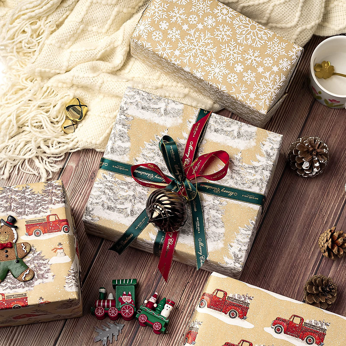 RUSPEPA Christmas Wrapping Paper, Kraft Paper - Snowflake, Snowman, Red Truck and Christmas Tree - 4 Rolls - 30 inches x 10 feet per Roll