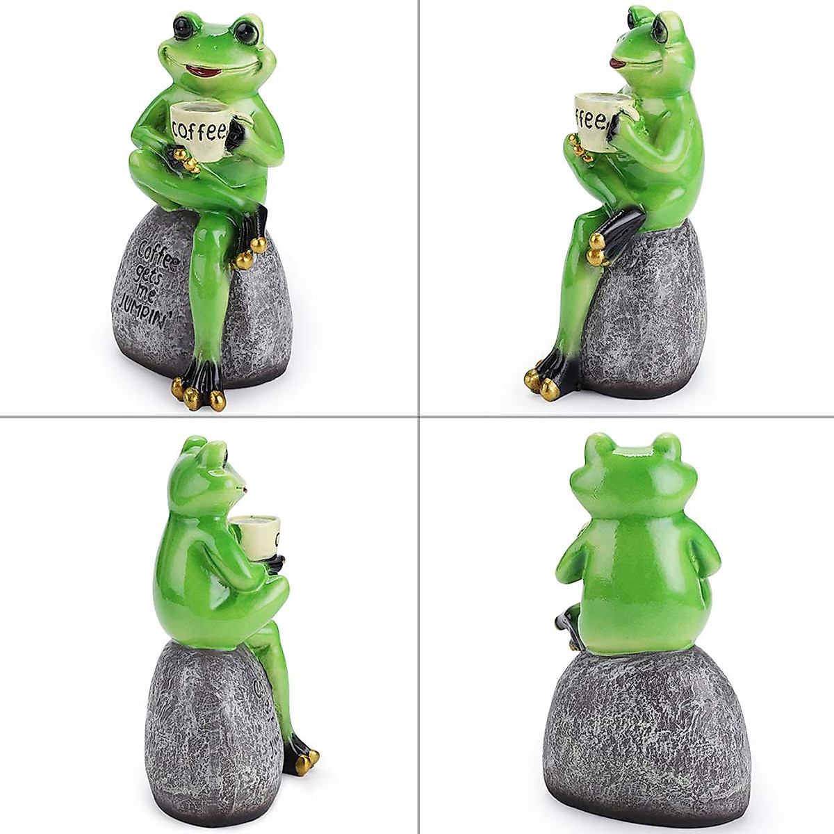 JUXYES Creative Craft Resin Frog Figurine Decor, Frog Sitting On Stone Statue Drinking Coffee Sculpture Statue, Personalized Collectible Figurines Mascot Frog for Indoor Outdoor Garden Decoration