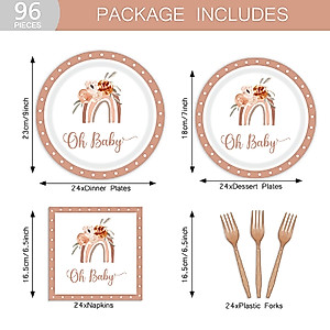 96 Pcs Boho Rainbow Party Paper Plates Napkins, Boho Wedding Baby Shower Girls Birthday Party Decorations Supplies Disposable Dinnerware Tableware Set Serves 24