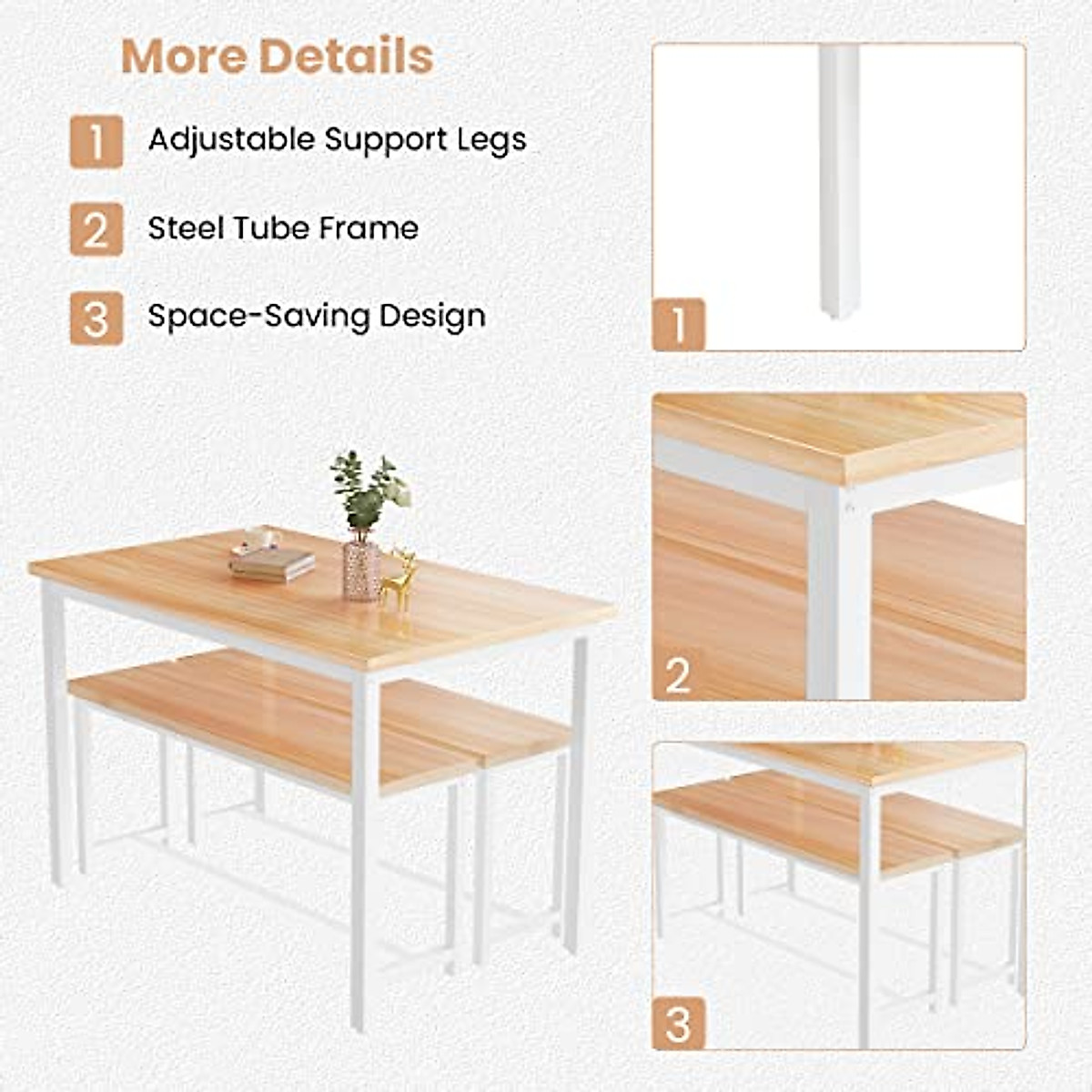 Recaceik 3 Piece Dining Table Set, 47.2" Kitchen Table and Chairs for 4, Dining Table with 2 Benches, Sturdy Structure, Space-Saving Dining Room Furniture Set Perfect for Breakfast Nook, Restaurant