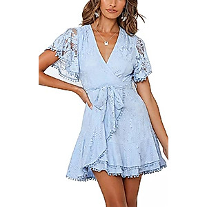 Women's Flower Lace Tie Front Wrap Mini Dress- Deep V Neck Floral Ruffle Sleeves Hem Short Skater Dresses for Bridal Shower Baby Blue
