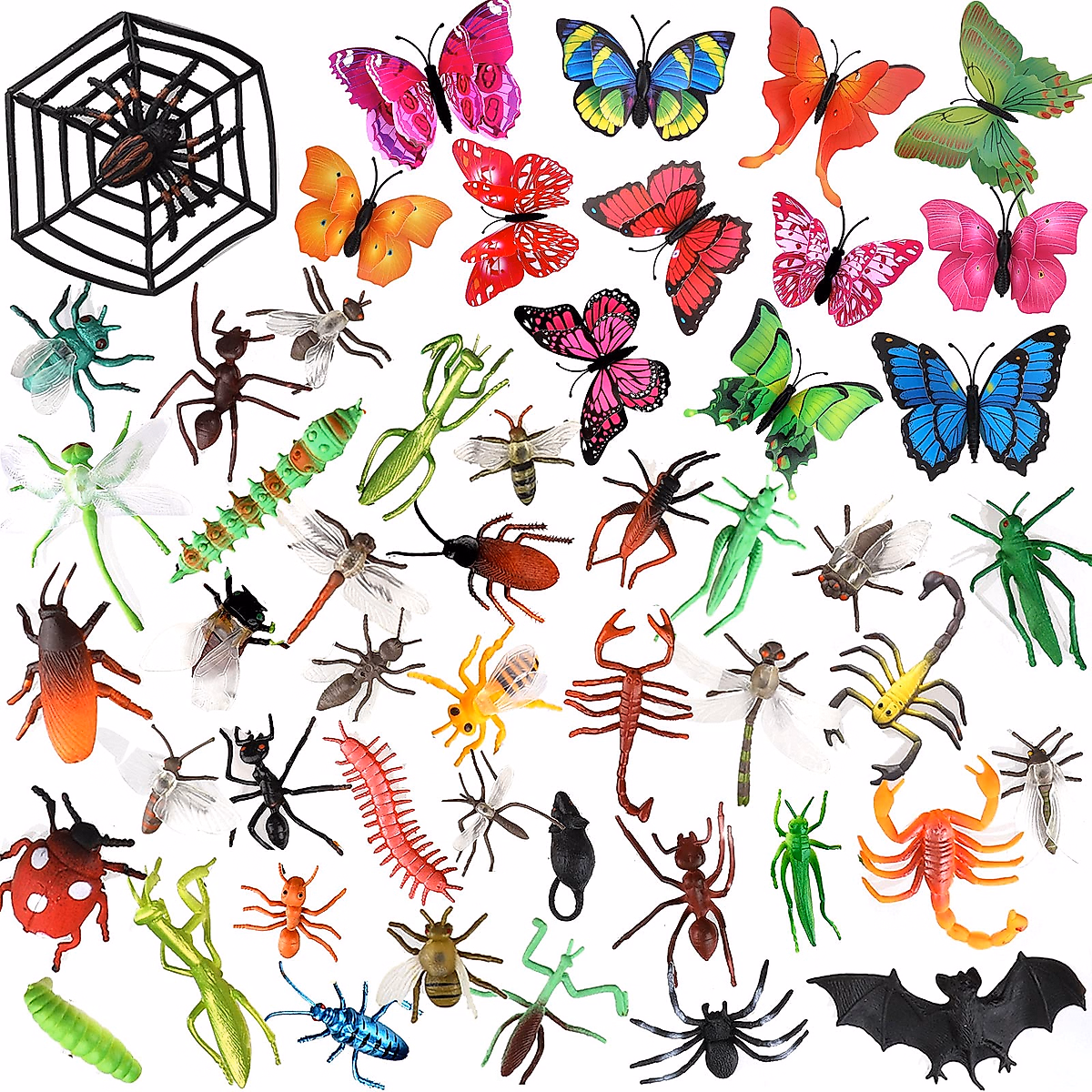 OOTSR 51Pcs Plastic Insects Bugs Toys Realistic Insects and Bugs for Kids Insect Assorted Includes 39Pcs Insect Toys and 12Pcs Lifelike Butterfly for Kids Education Party Favors Prank Toys