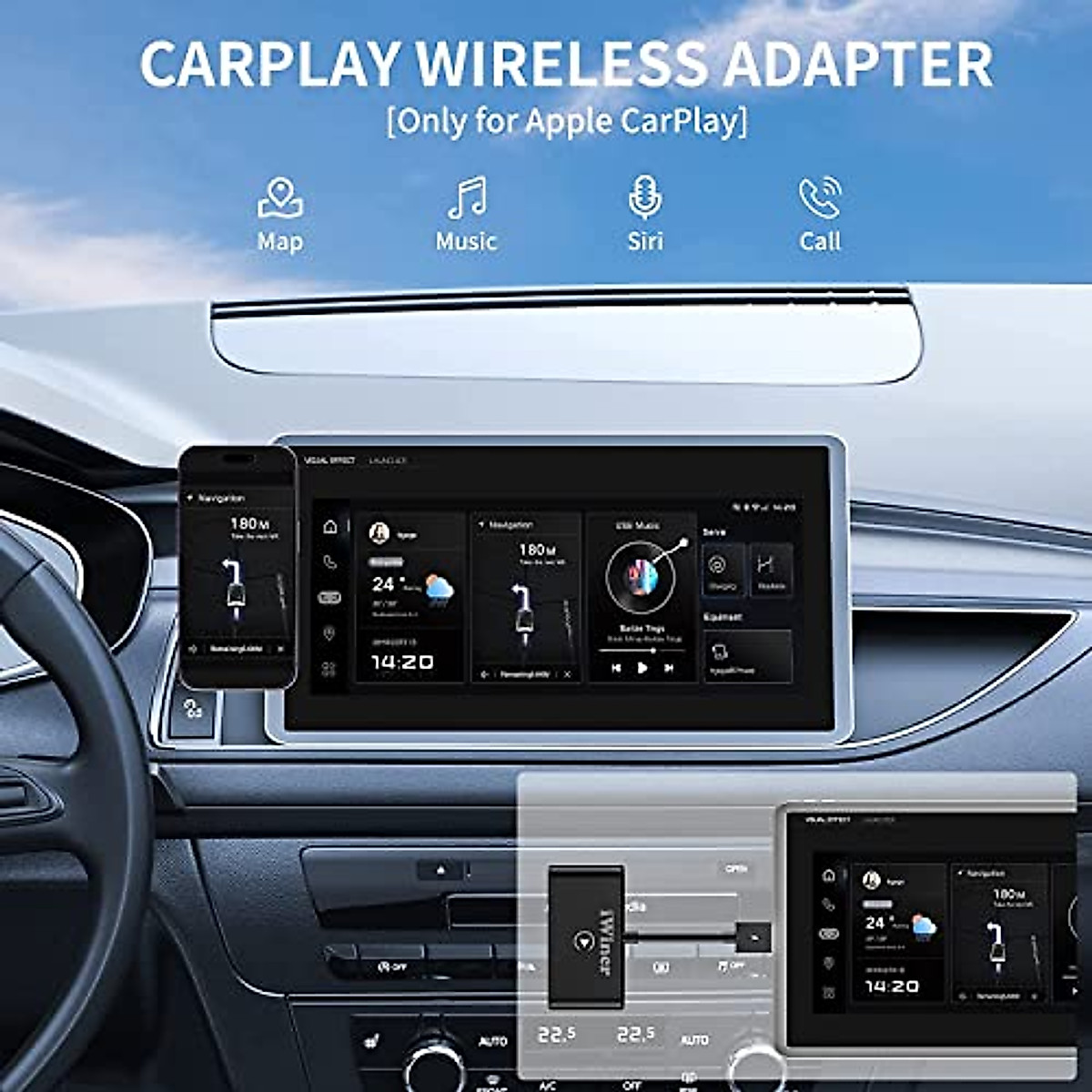 Wireless Carplay Adapter, iWiner 2023 Upgrade CarPlay Wireless Adapter Dongle for iPhone(i-OS 10+) Auto to Wireless Connect to Factory Wired CarPlay Cars from 2015 Plug & Play