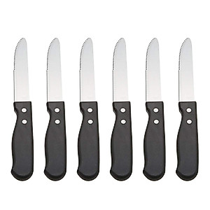 (Set of 6) 10-Inch Jumbo Steak Knives by Tezzorio, Stainless Steel Rounded Serrated 5-Inch Blade with Black Plastic Handle, Commercial Quality Steak Knife Set