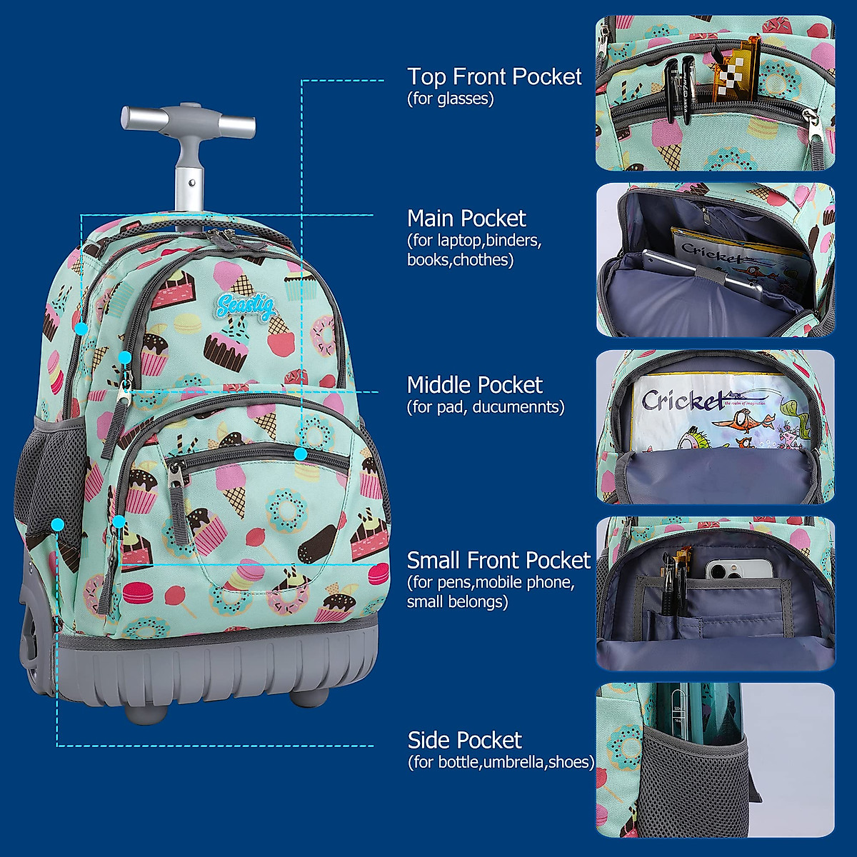 seastig Rolling Backpack 16 inch Wheeled Backpack with Lunch Bag & Pencil Case Roller Backpack Set Carry-on Bag School Travel