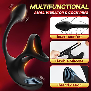 Vibrating Cock Ring Anal Plug with Prostate Massager, 4 in1 Taint Stimulator Penis Ring Vibrator Couples Adult Sex Toys for Men, Remote Control Anal Butt Plug Vibrator for Male Sex Toy Couple