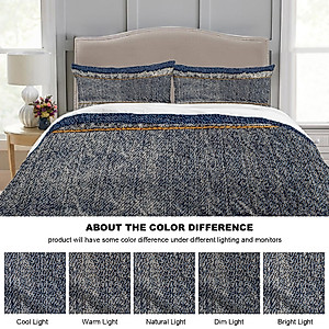 Batmerry Blue Fringe Orange King Size 3 Pieces Bedding Comforter Cover Sets,Soft Fluffy Denim Torn Worn Blue Jeans Pattern Printed Duvet Cover for All Season