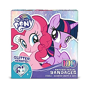 My Little Pony Kids Glitter Bandages, 100 ct Assorted Shapes & Sizes | Wear Like Stickers, Adhesive Bandages for Minor Cuts, Scrapes, Burns. Easter Basket Stuffers for Kids & Toddlers