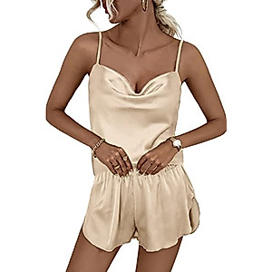 CHYRII Satin Pajamas for Women Sexy Silk Cowl Neck Cami Shorts PJ Sets Lingerie Nightwear Ivory L