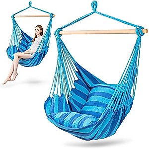 Tangkula Hanging Hammock Chair, Hanging Swing Chair with 2 Pillows, Wood Support Bar, Handmade Cotton Rope Hanging Seat for Indoor Outdoor, Ideal for Bedroom, Patio, Yard, Garden