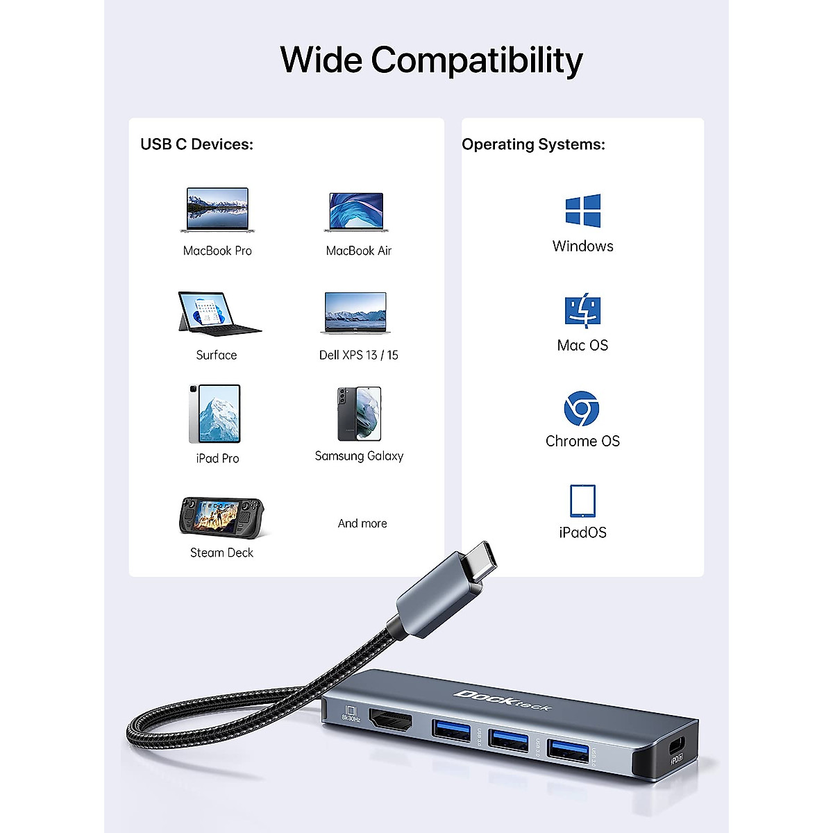 CableCreation 10 Feet 18 AWG Angled 2-Slot Non-Polarized Angle Power Cord Bundle with 8K HDMI USB C HUB, 5-in-1 USB-C Multiport Adapter, Dockteck USB Dock Dongle with 8K 30Hz/4K 120Hz/4K 60Hz HDMI,