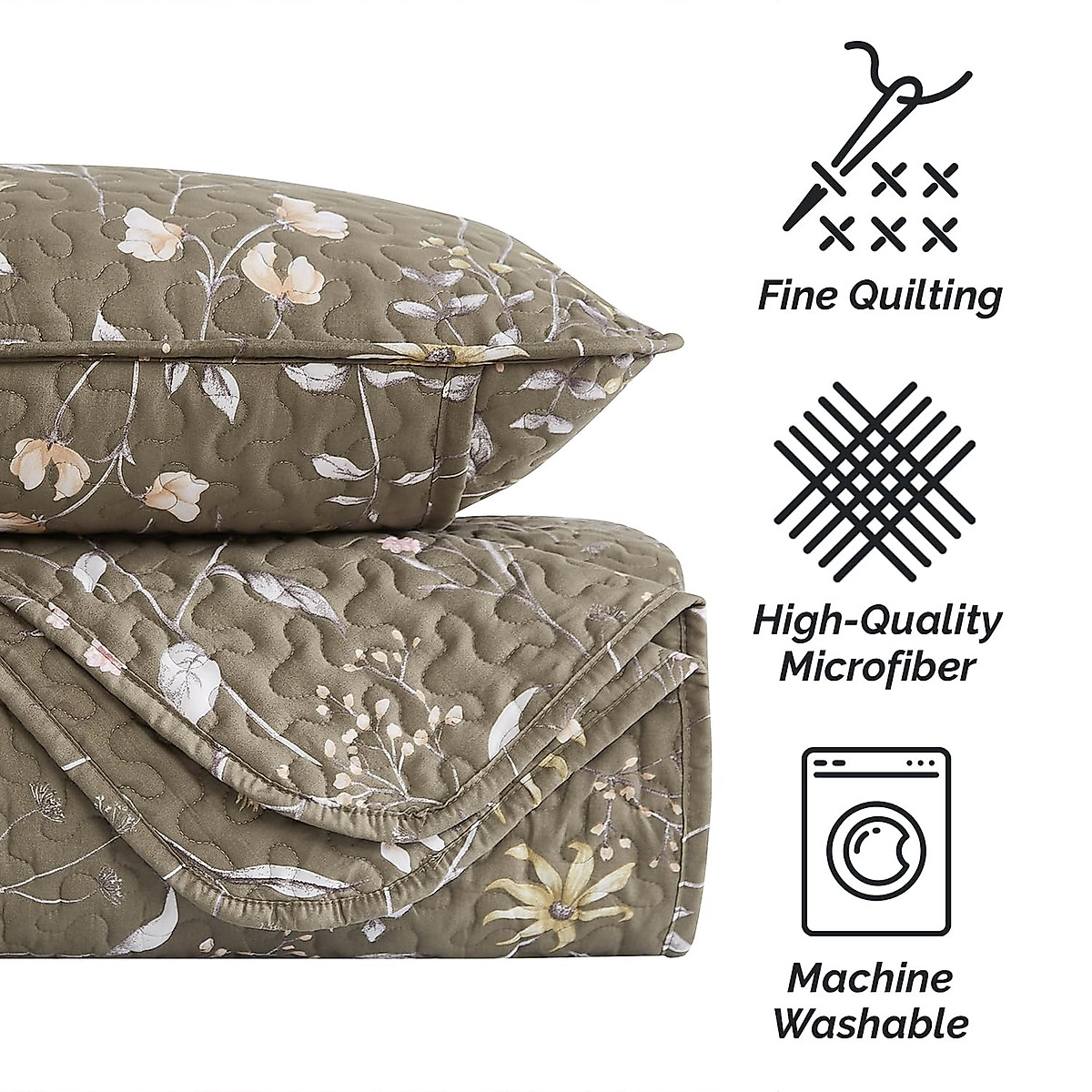 Southshore Fine Living, Inc. Oversized Queen Size Quilt Bedding Set, All Season Lightweight Bedspread, Boho Coverlet Full Size, Floral Bedding 3-Piece Set with Two Matching Shams, Full/Queen, Brown