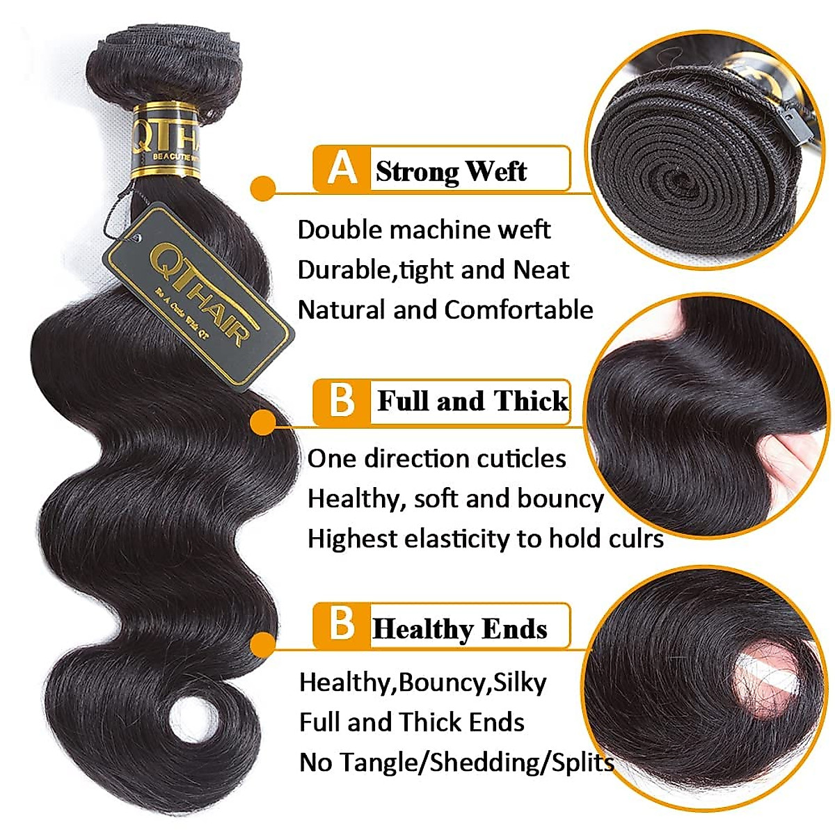 QTHAIR Brazilian Virgin Hair 16A Grade Body Wave Bundles 100% Unprocessed Virgin Brazilian Body Wavy Human Hair Bundles 20" 18" 16" 300g Brazilian Body Wave Human Hair Extensions