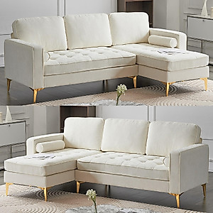 VINGLI 85.8" Convertible Sectional Sofa with Deep Seat,Modern L Shape Sectional Couches for Living Room,Soft Chenille Sectional Sofas with Reversible Chaise for Home,Apartment (Chenille, Creamy White)