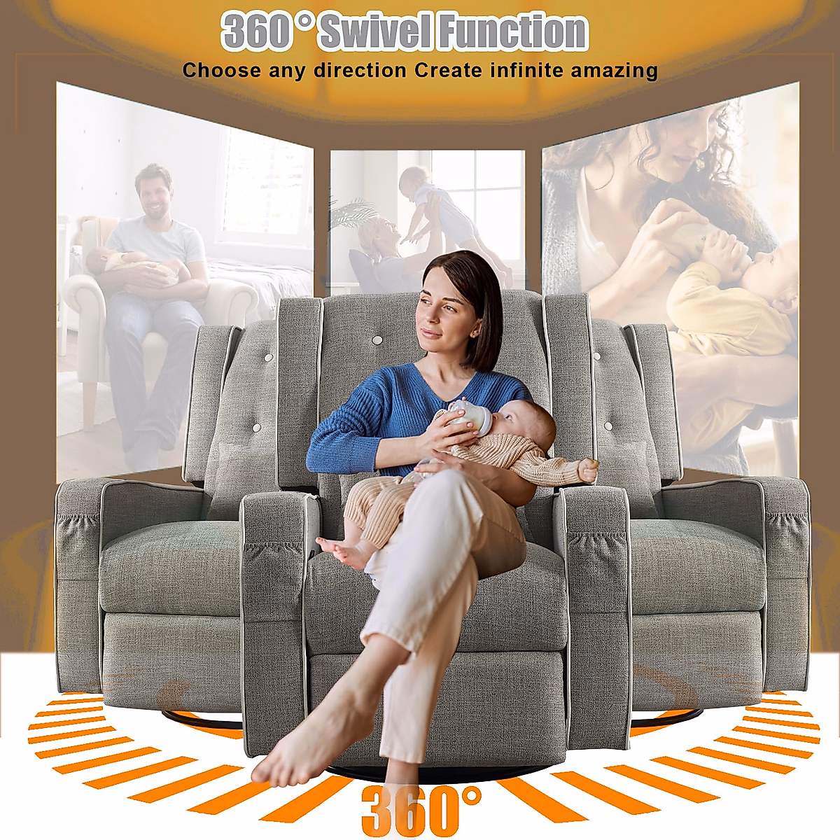 OQQOEE Rocking Chair Nursery Baby Rocker Swivel Chair Glider Rocker Recliner Cozy Swivel Rocking Chairs with Cup Holders,Pockets for Living Room Baby Room (Beige 1 PC)