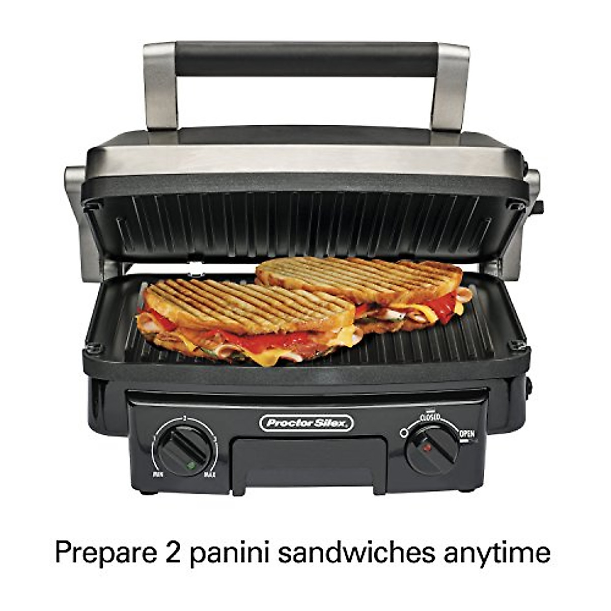 Proctor Silex 5-in-1 Electric Indoor Grill, Griddle & Panini Press, Opens Flat to Double Cooking Space, Reversible Nonstick Plates, Stainless Steel (25340R)