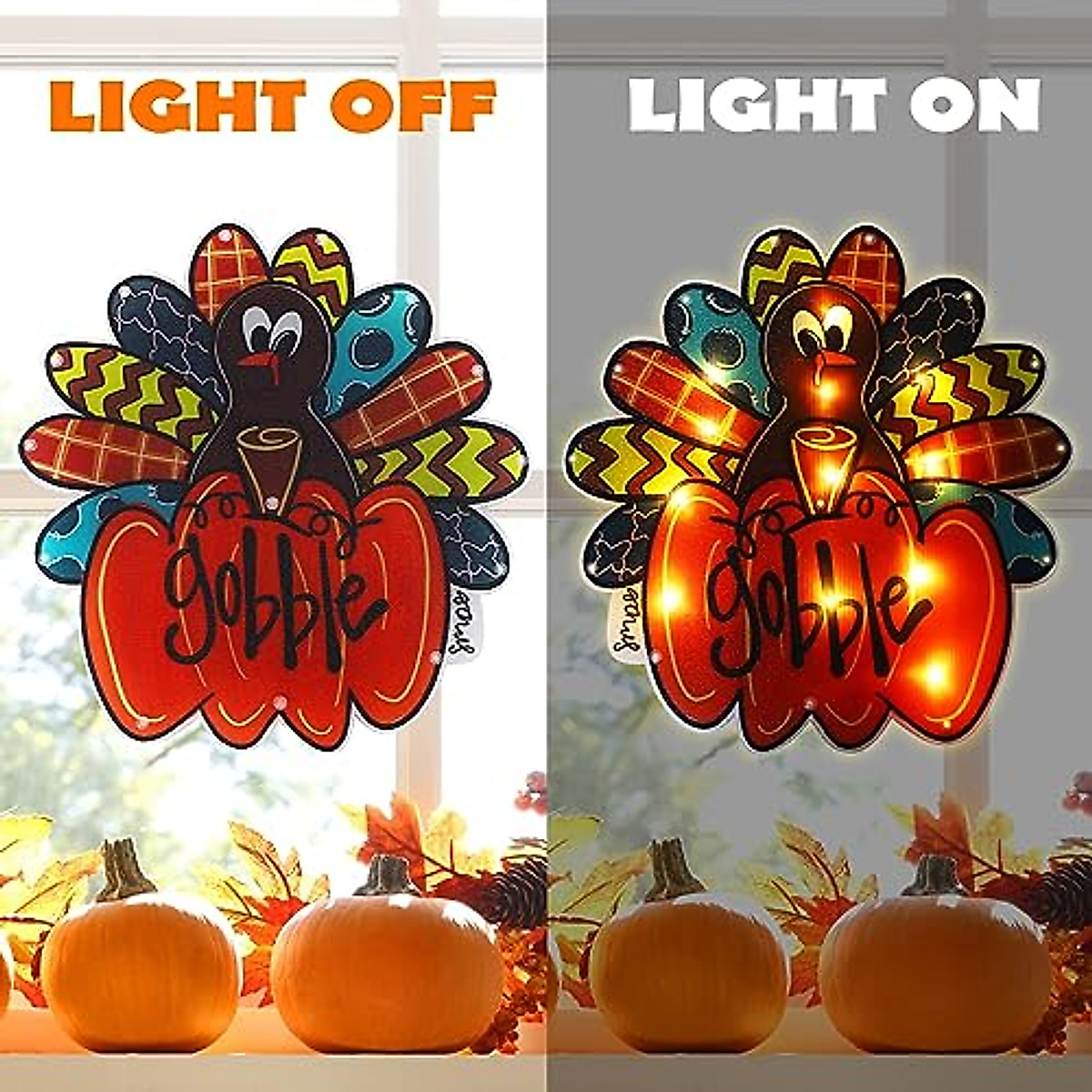Roseeyo Lighted Thanksgiving Window Decorations, 15.7" Light up Autumn Turkey Window Lights Window Silhouette Sign for Fall Harvest Thanksgiving Decor with 12 LEDs
