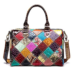 Women's Purses and Bags Multicolored, Genuine Leather Patchwork Tote Bag Large Capacity with A Detachable Shoulder Strap