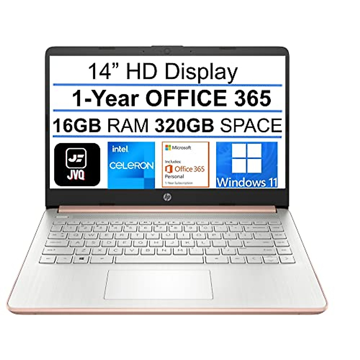 2022 Newest HP Stream 14" HD Laptop, Intel Celeron N4020(up to 2.8GHz), 16GB RAM, 320GB Space(64GB eMMC+256GB Card), 1-Year Office 365, WiFi, HDMI, USB-C, Webcam,Bluetooth,Windows 11S,Rose Gold+JVQ MP