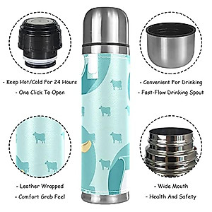 Cow Heads and Milk Jug Stainless Steel Water Bottle, Leak-Proof Travel Thermos Mug, Double Walled Vacuum Insulated Flask 17 OZ