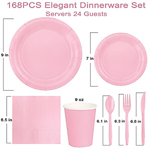 WNINK 168PCS Light Pink Paper Plates and Napkins,Pink Disposable Plates Set with Pink Utensils,Pink Party Decorations for Baby Shower Gender Reveal Women Birthday Party Supplies Serve 24 Guests