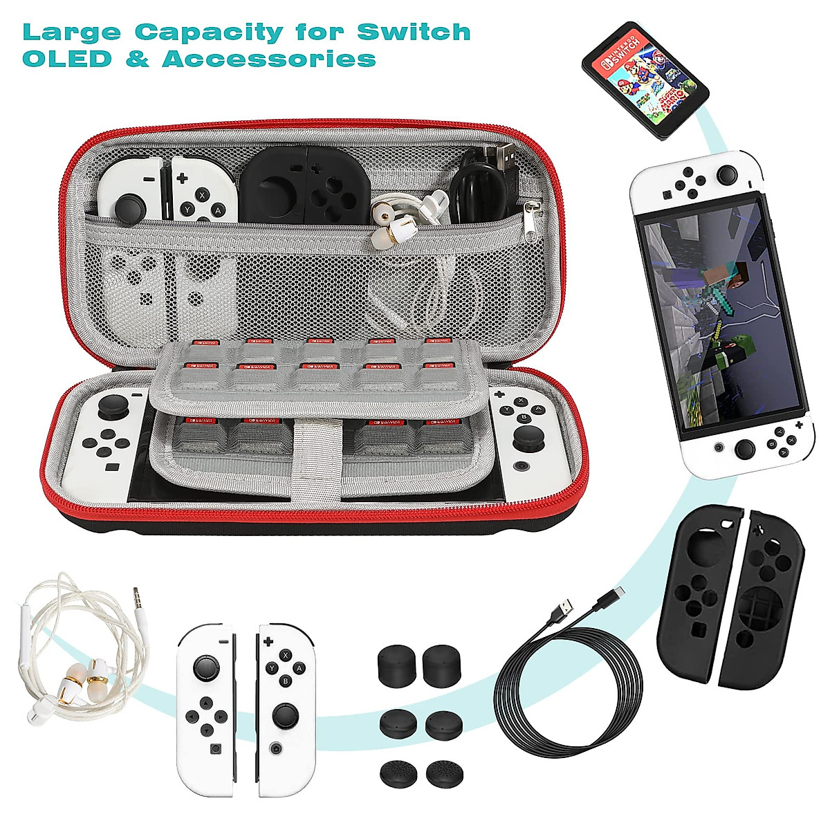 Accessories Kit for Nintendo Switch OLED Games Bundle Carrying Case Screen Protector TPU Case Charging Dock Playstand Game Case USB Cable J-Con Wheels Grips Skin Caps for Nintendo Switch OLED(21 in 1)