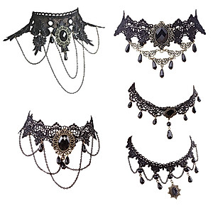 Dumcondy Halloween Elegant Sexy Women Girl Retro Gothic Punk Style Necklace Black Lace Neck Chain Collar Statement Choker Victorian Steampunk Jewelry Party Wedding Princess,5 Pieces/Set