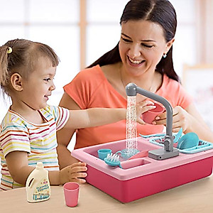 CUTE STONE Play Kitchen Sink Toys,Electric Dishwasher Playing Toy with Running Water,Upgraded Automatic Faucets and Color Changing Accessories, Role Play Sink Set Gifts for Kids Boys Girls Toddler
