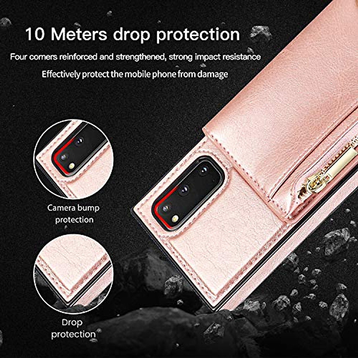 UEEBAI Crossbody Wallet Case for Samsung Galaxy S20 FE 5G, PU Leather Zipper Wallet Case with Card Slots with Removable Crossbody Wrist Strap Kickstand Magnetic Flip Case Cover - Rose Gold