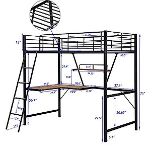 MOEO Twin Size Loft Bed with L-Shaped Desk and Shelf, Metal Steel Bedfram w/Guardrail for Kids, Home, No Spring Box Required, Black