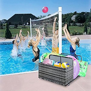 IDEALHOUSE Outdoor Storage, Patio Poolside Float Storage Basket,Double Layer Poolside Float Storage, Storage Box, PE Rattan Outdoor Pool Caddy with Rolling Wheels for Floaties,Beach-Sturdy,Grey