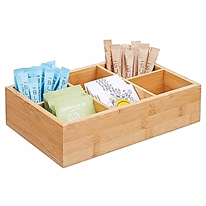 mDesign Bamboo Tea & Food Storage Organizer Container Box - Wooden Holder Case for Tea Bags, Coffee, Snacks, Sugar, Sweeteners, and Small Packets - Echo Collection - Natural Wood