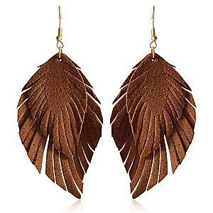 JIUIQL Handmade Bohemian Large Soft Genuine Leather Fringe Double Feather Lightweight Color PU Leaf Drop Dangle Earrings for Women Fashion Jewelry Gifts (Brown)