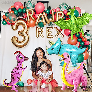 KatchOn, Large Pink Dinosaur Balloons for Birthday Party - Pack of 4 | Pastel Dino Balloons for Dinosaur Party Decorations | Dinosaur Birthday Party Supplies | Three Rex Birthday Decorations Girl