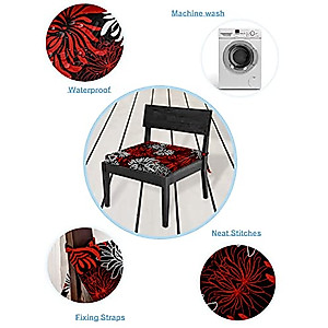 Red White Outdoor Waterproof Cushion Chair Cover Set of 2, Abstract Black Chrysanthemum Flower Patio Furniture Sofa Couch Seat Cushions Protector Slipcover with Ties, 20''x18''x4''