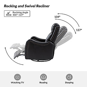 HULALA HOME Genuine Leather Swivel Rocker Recliner with Adjustable Backrest & Footrest, Manual Glider Reclining Chair for Living Room Bedroom, Home Theater Sofa Chair with 360° Swivel Base (Black)
