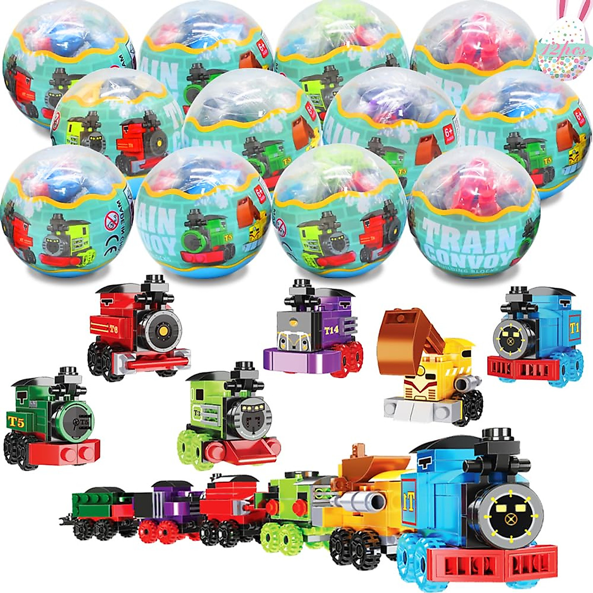 12PCS PreFilled Easter Eggs with Train Building Blocks Set for Kids Easter Basket Stuffers, Easter Basket Filler, Easter Eggs Hunt, Easter Party Favors Classroom Prize Supplies