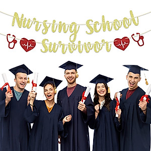 Gold Glitter Nursing School Survivor Banner, Class of 2025 RN/Earned It/Nurse Call The Shots, 2025 Nursing School Graduation Party Decorations Supplies