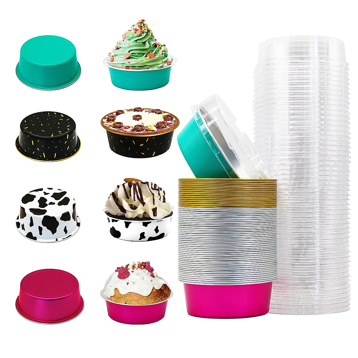 All In One Foil Liners, Yuiviot Aluminum Baking Cups with Lids 60Pack, 4-Inch 5oz Foil Cupcake and Muffin Liner, 60 Cups and 60 Lids(4 Types In 1 Package) for Ramekin, Pie, Cupcake Holder Tin Pan