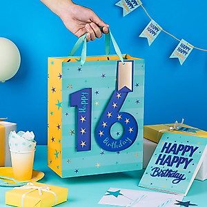Loveinside Birthday Blue Gift Bag with Tissue Paper, Gift Tag and Greeting Card for Birthday, Party, Baby Shower and More - 10" x 5" x 13", 1 Pcs - 16 Years Old Birthday Boy